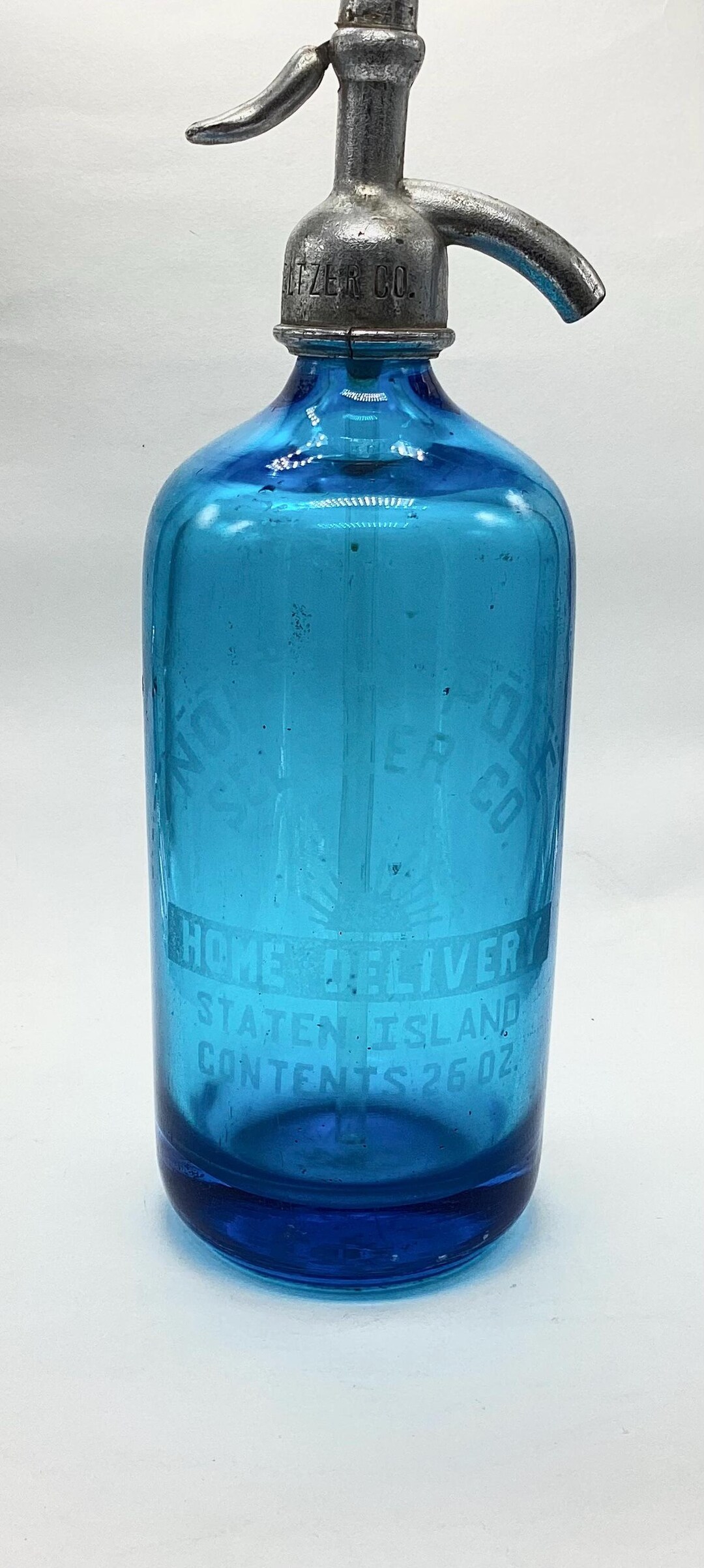Art Deco-era Blue Etched Glass Seltzer Bottle - North Pole Seltzer Co ...