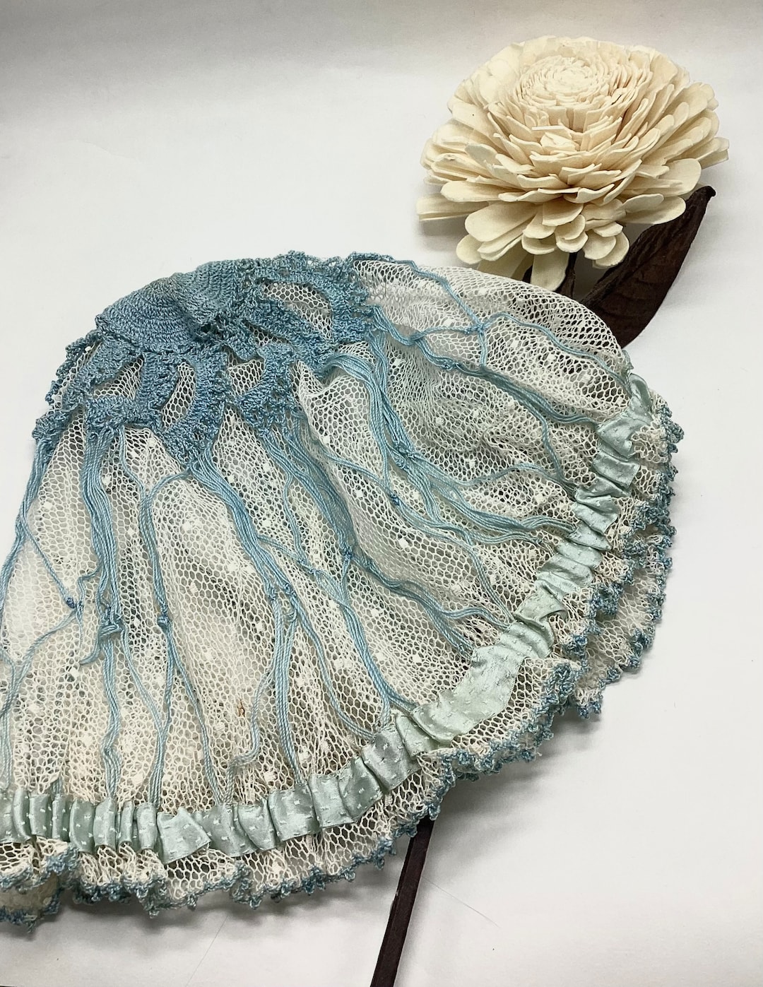 1920s Blue and White Lace, Crochet, and Ribbon Night Cap - Etsy