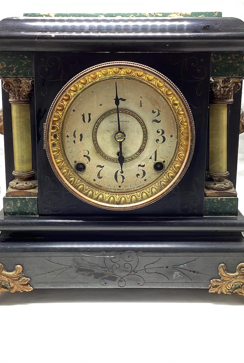 Seth Thomas Antique Wood Mantle Clock in Neoclassical Style With Stone ...