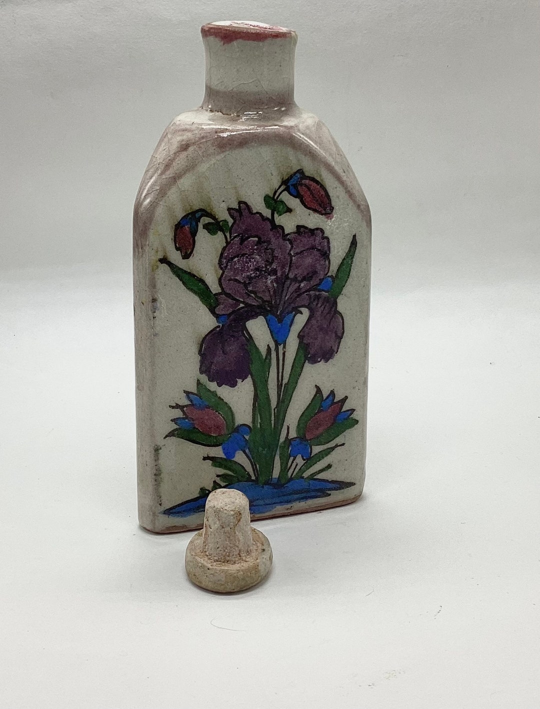 Artisan Ceramic Three-sided Bottle - Purple and Blue Flowers - Etsy