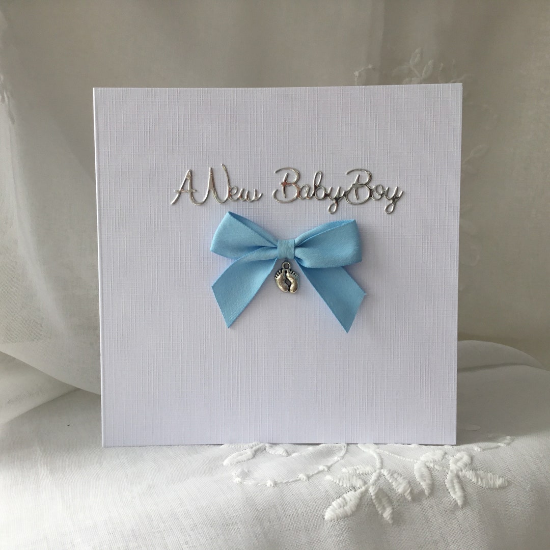 Handmade New Baby Boy Card: Blue Bow, Silver Baby Feet Charm - Etsy