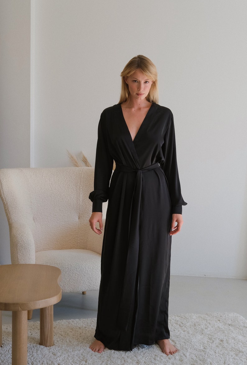 Women's Long Silky Robe Black Silky Long Robe Wedding - Etsy