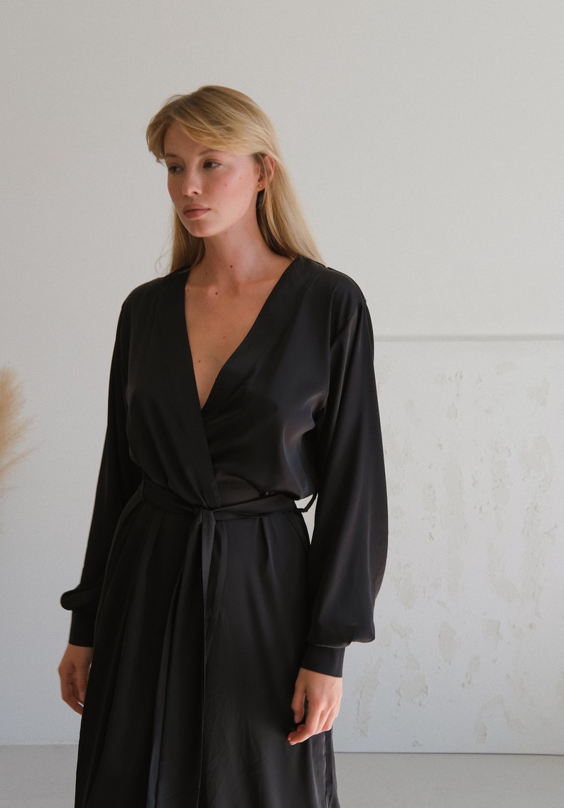 Women's Long Silky Robe Black Silky Long Robe Wedding | Etsy