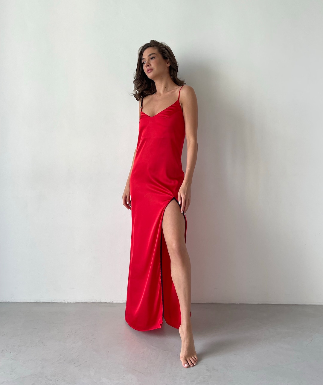 Silky Women's Nightgown With Slit and Lace| Red Nightie | Maxi Dress ...
