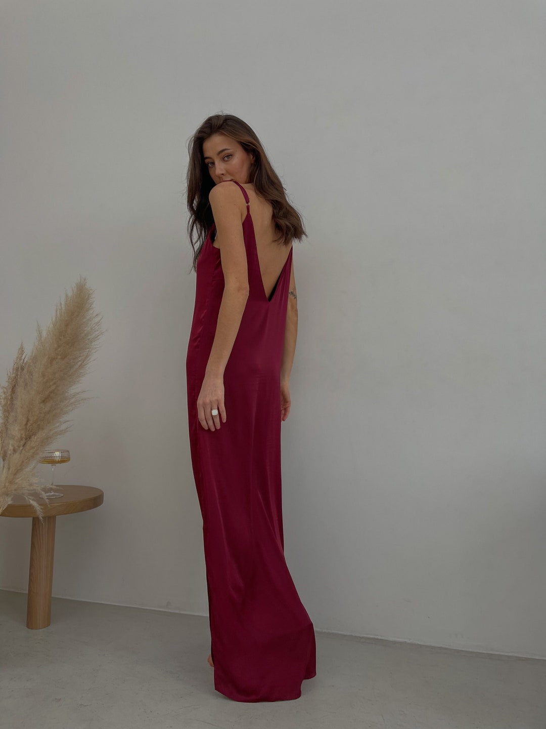 Silky Night Gown With Open Back | Backless Night Gown | Gown With Slit ...