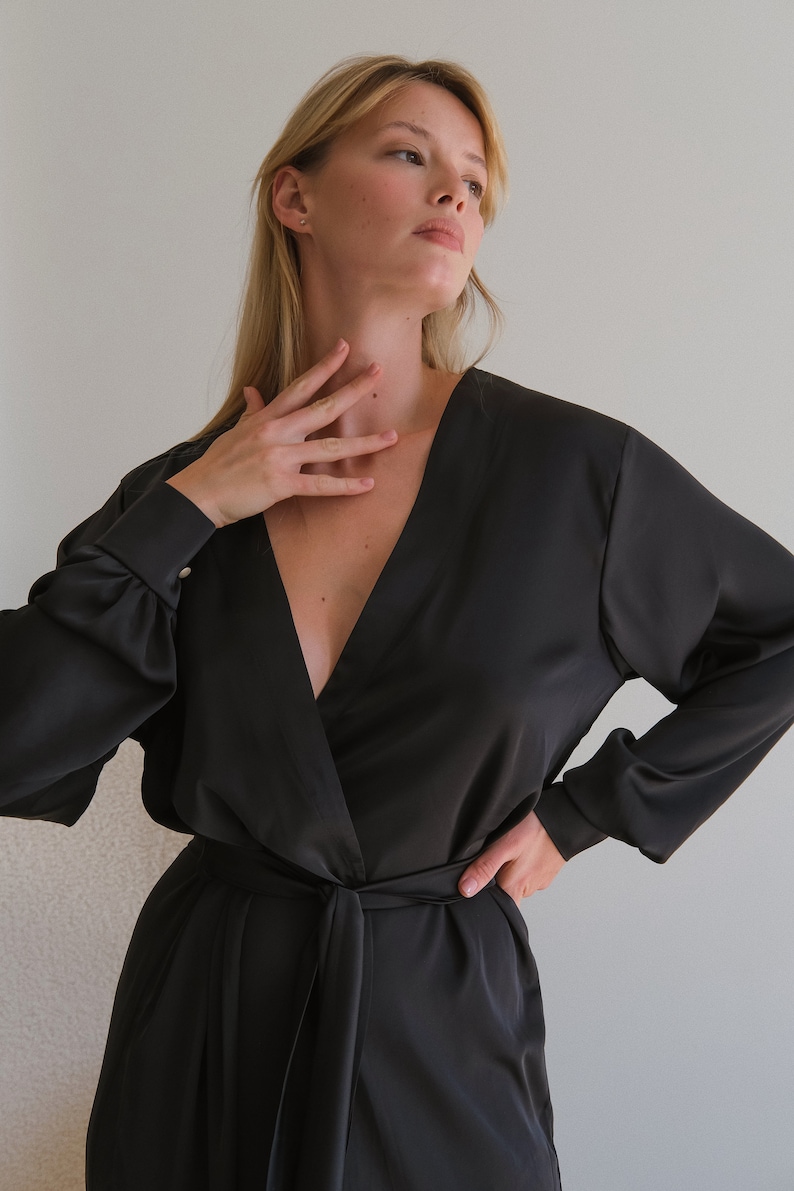 Women's Long Silky Robe Black Silky Long Robe Wedding - Etsy