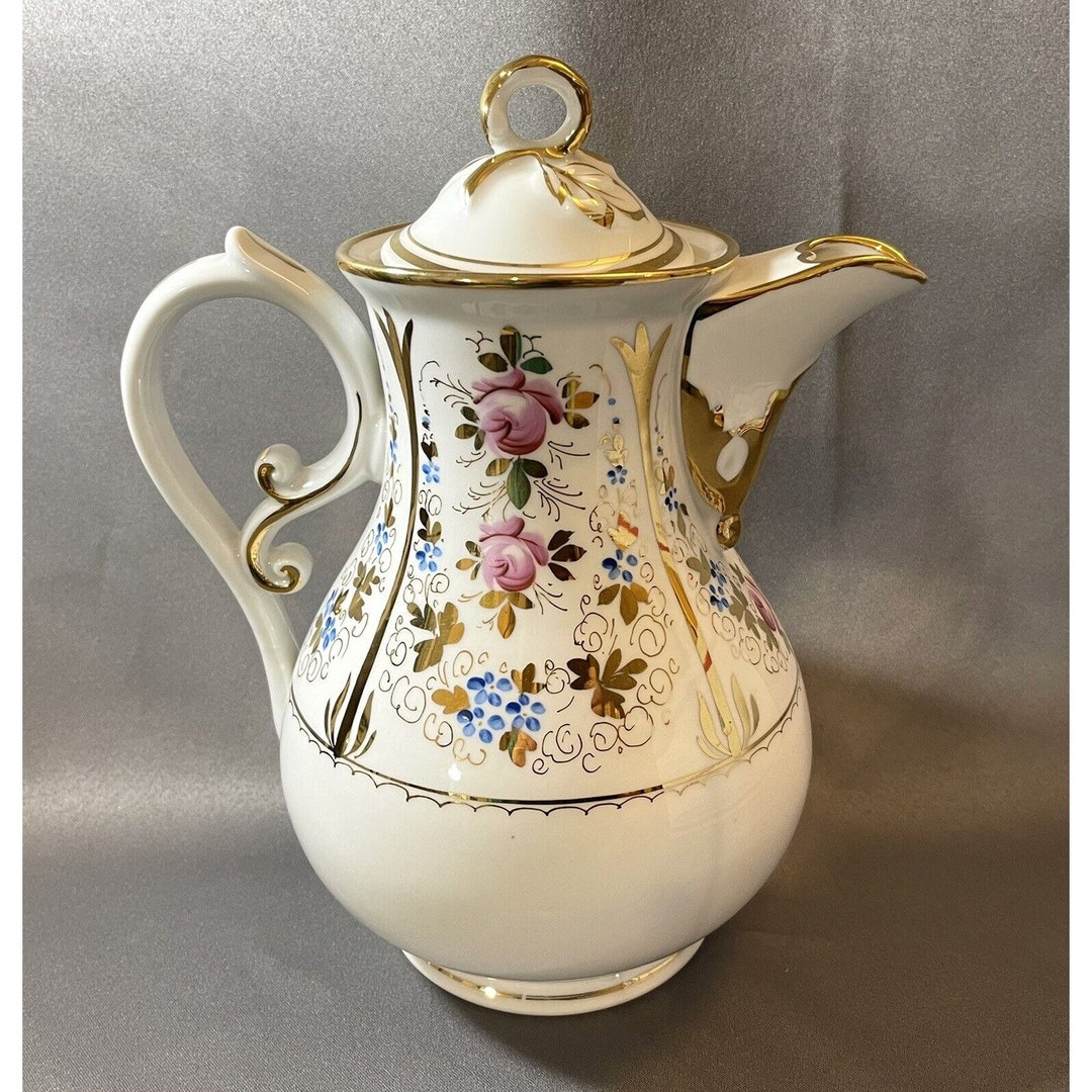 A Large Vintage Teapot Porcelain Glossy Gold Pink Roses Multicolor ...