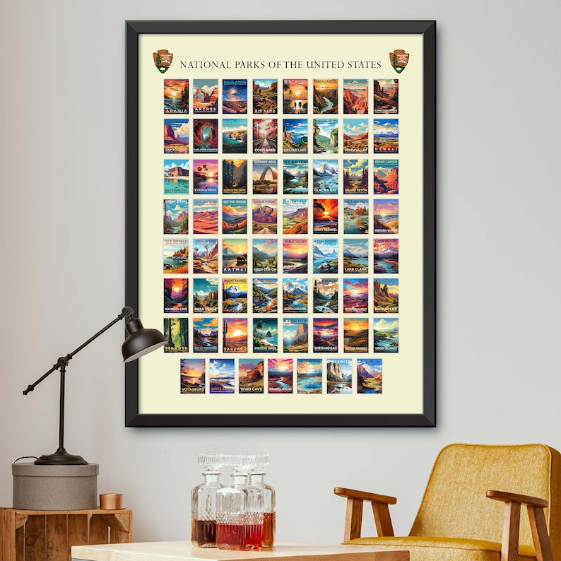 Framed 63 US National Parks Vintage-style Art Print: Travel-inspired ...