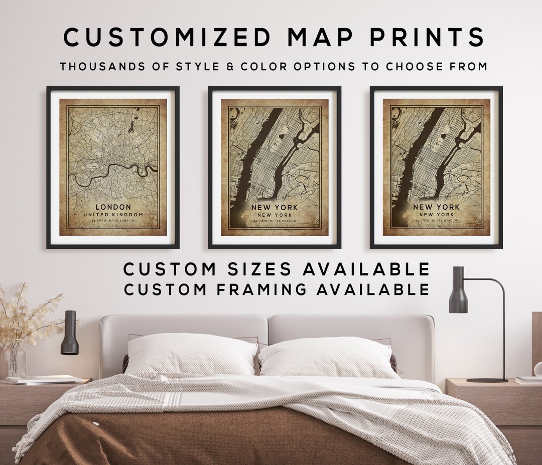 Custom Map Print, Set of 3, Map Prints, Custom Map, Custom Maps, Home ...
