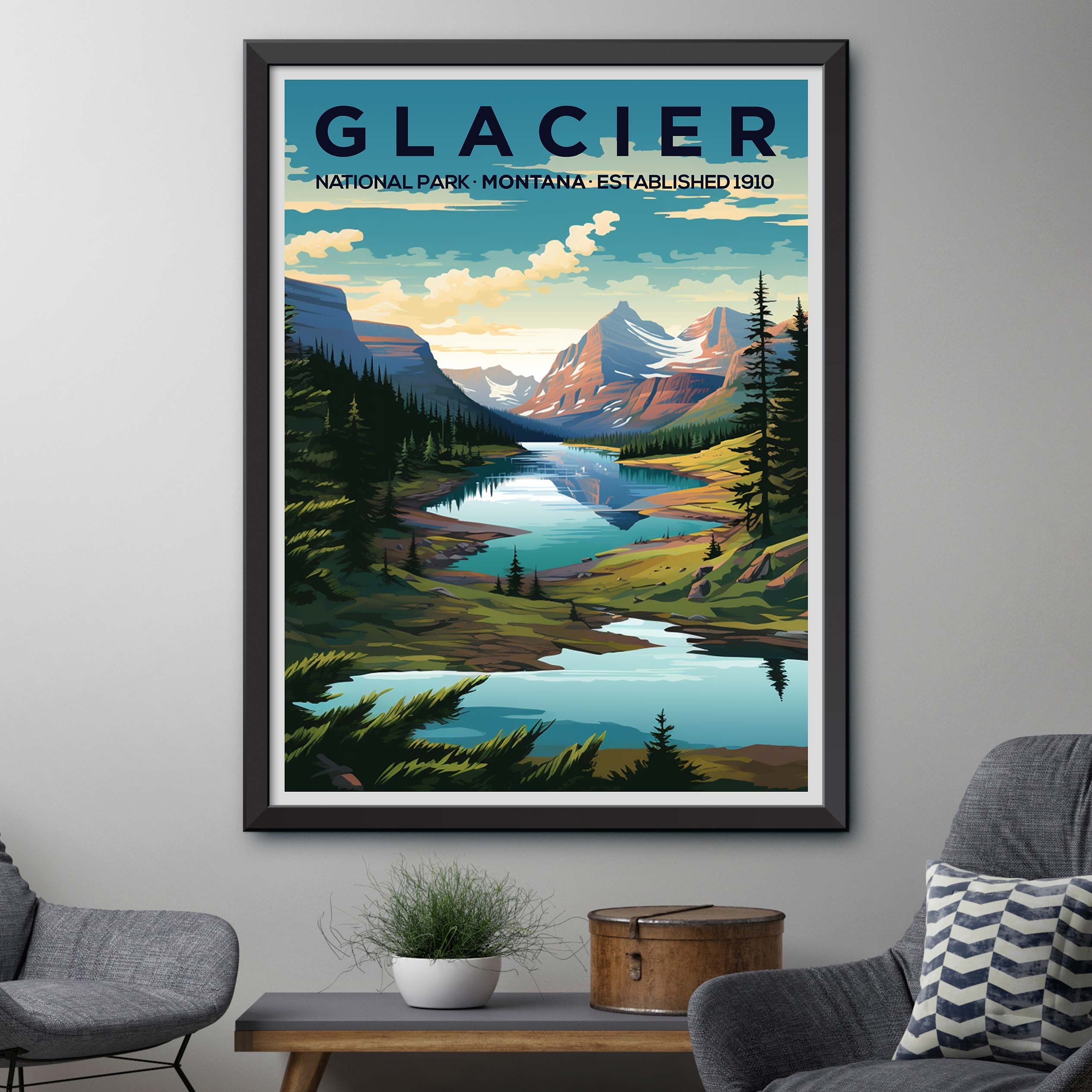 Glacier National Park Illustration: Majestic Forest Landscape Fine Art ...