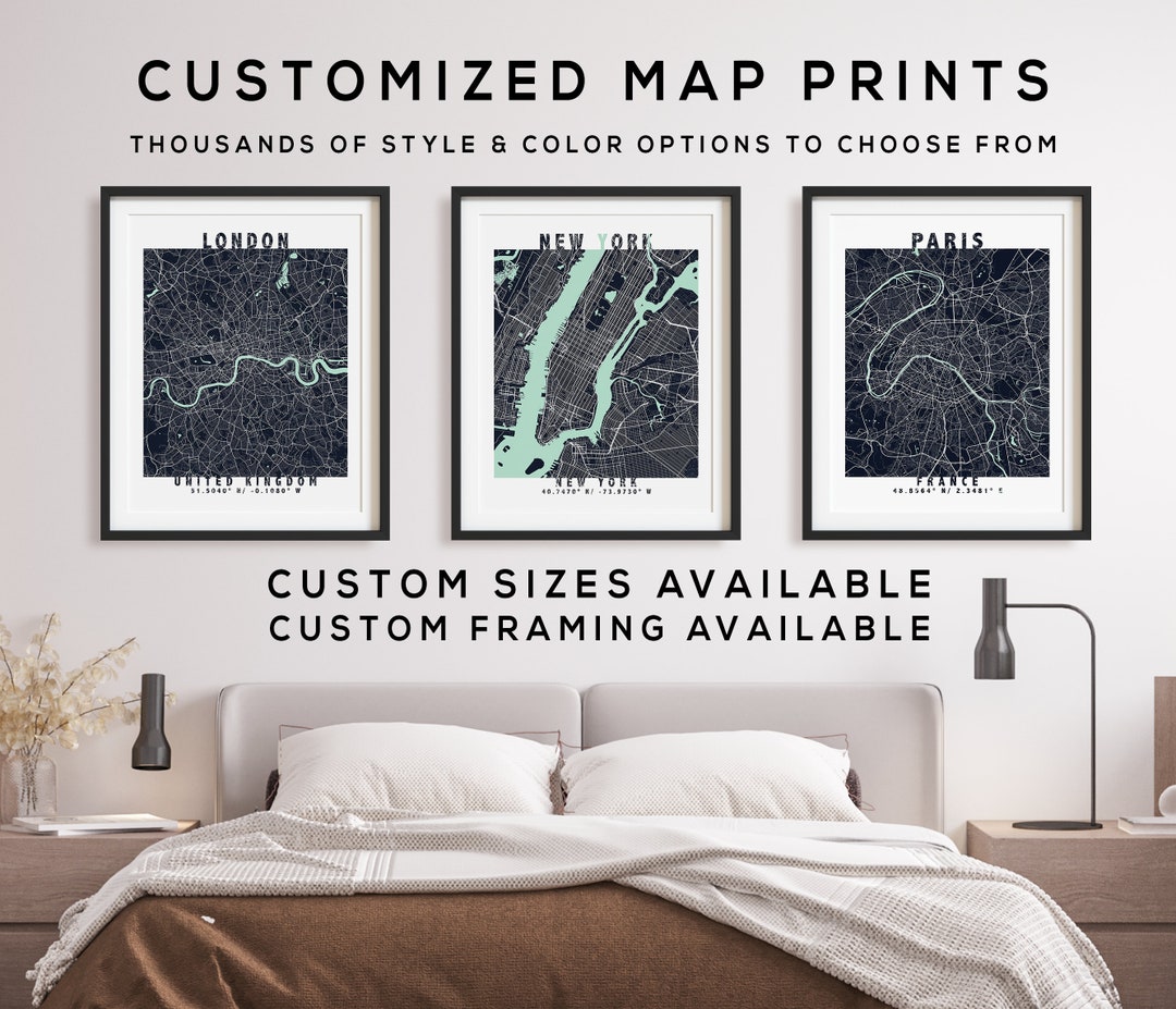 Custom Map Print, Set of 3, Map Prints, Custom Map, Custom Maps, Home ...