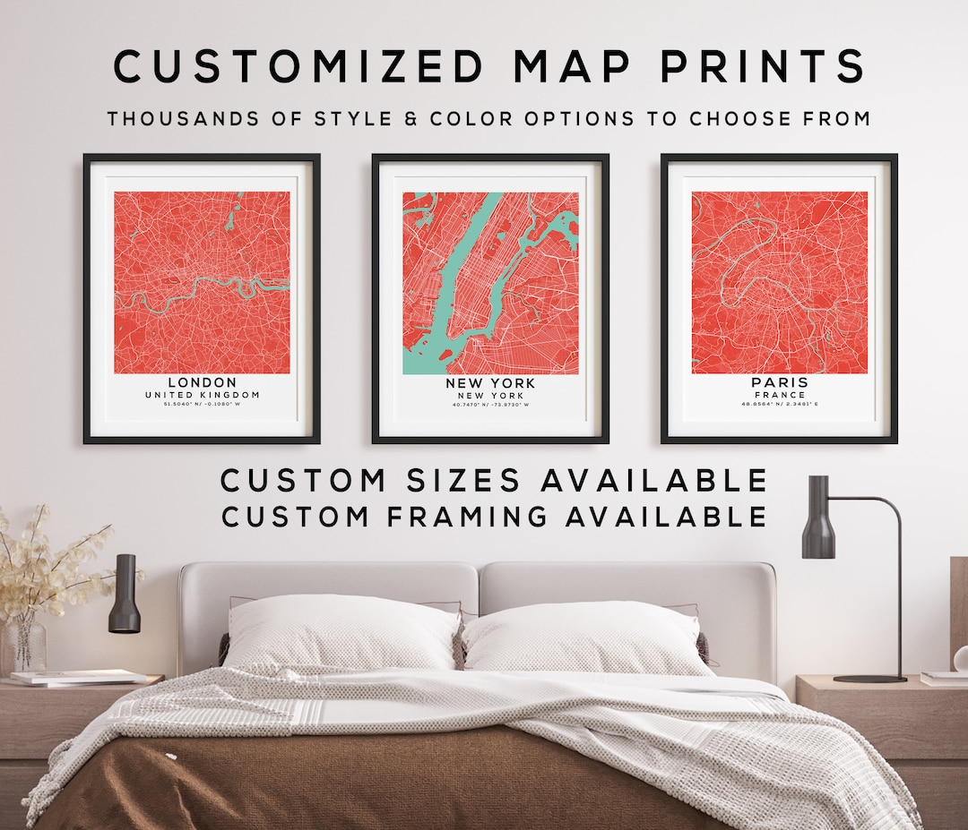 Custom Map Print, Set of 3, Map Prints, Custom Map, Custom Maps, Home ...