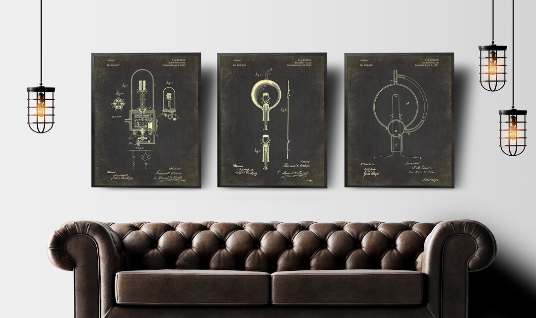 Edison Light Bulb Print Set of 3, Thomas Edison Patent, Industrial Home ...