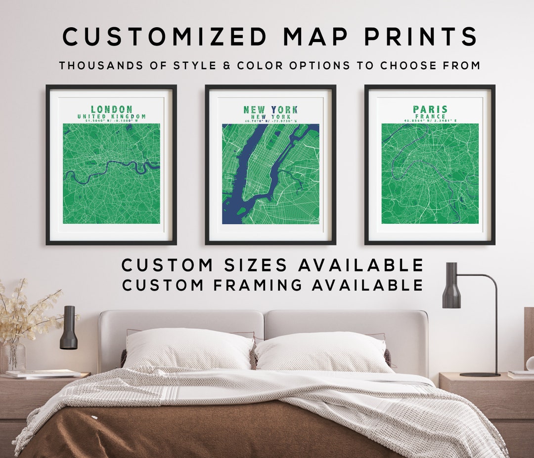 Custom Map Print, Set of 3, Map Prints, Custom Map, Custom Maps, Home ...