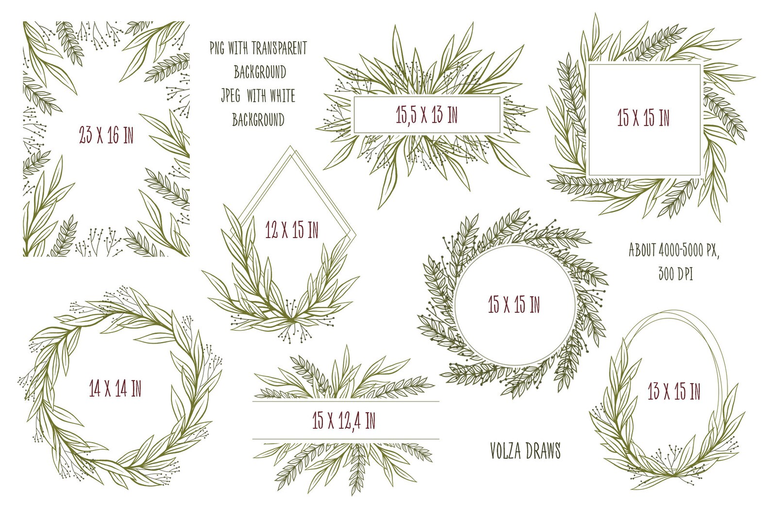 Greenery line Frame set Digital Clipart PNG Files Botanical | Etsy
