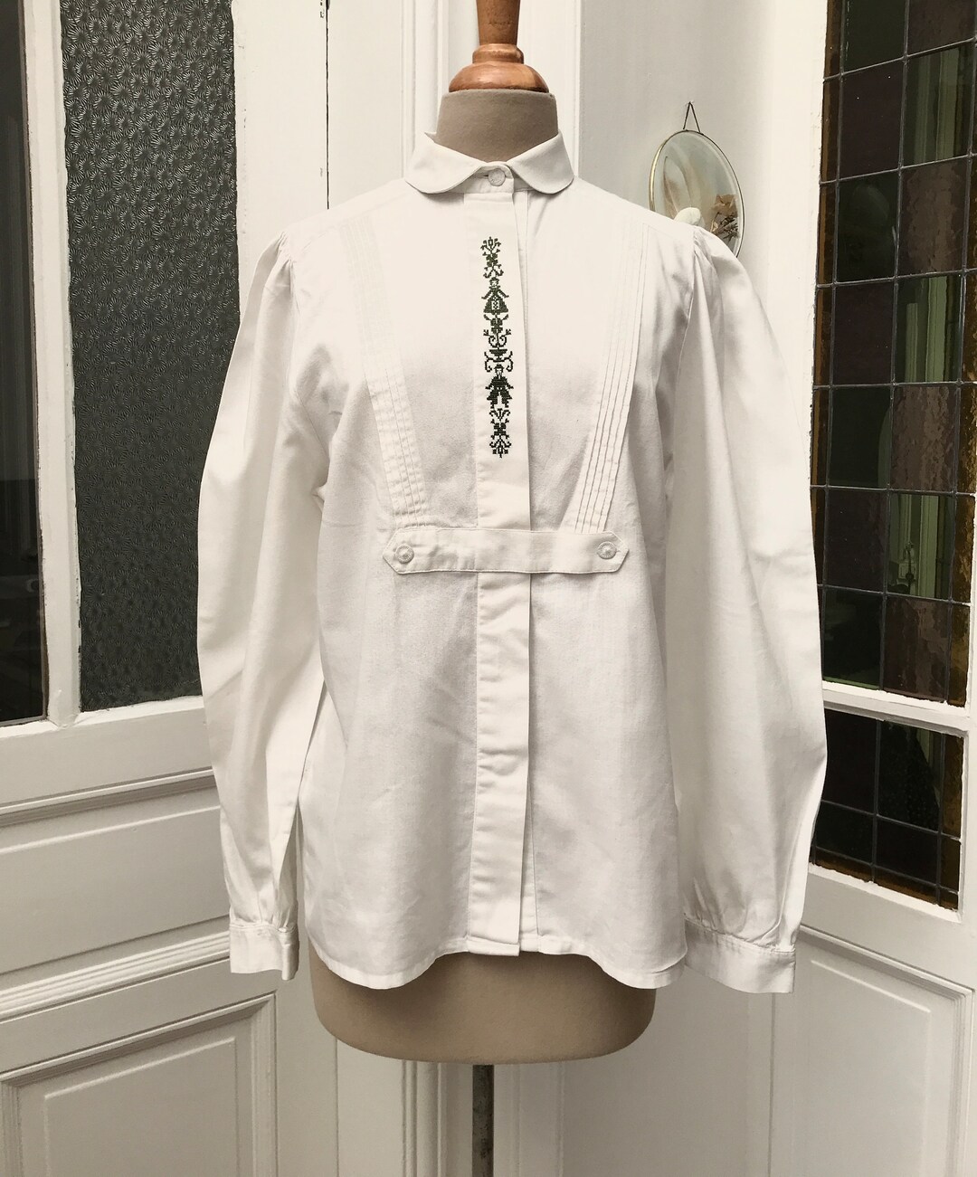 Traditional German Blouse, White Cotton, Fir Green Folk Embroidery ...