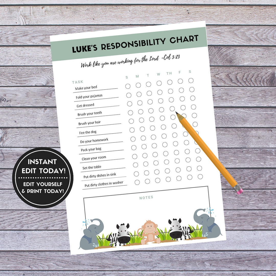 Printable Kid's Chore Chart - EDITABLE; Child Responsibility Chart ...
