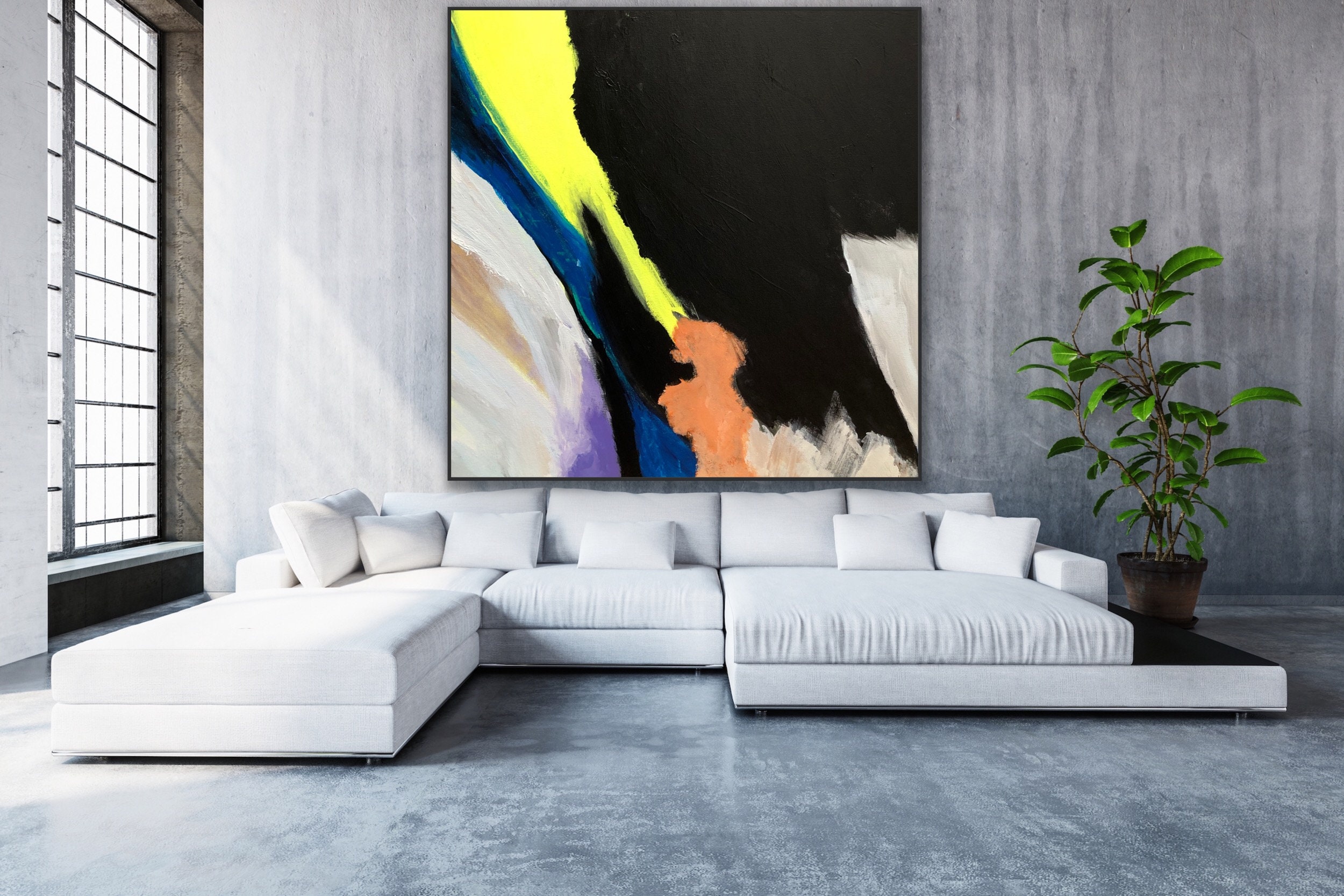 Original Large Neon Yellow Black Abstract Painting Canvas Art - Etsy