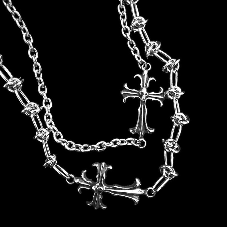 Chrome Cross Gothic Cross Curb Chain Chunky Skull Barb Wire Roll Chain ...