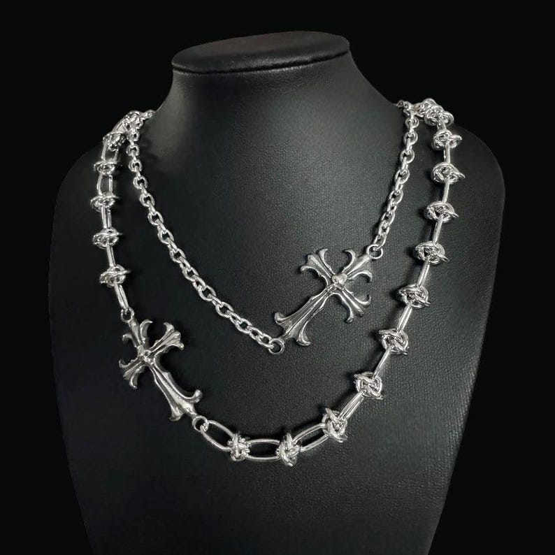 Chrome Cross Gothic Cross Curb Chain Chunky Skull Barb Wire Roll Chain ...