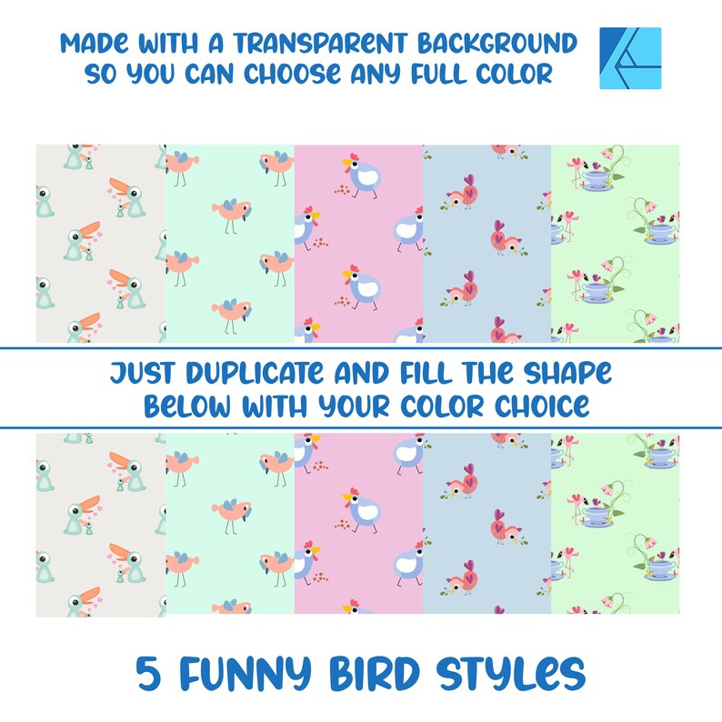 Affinity Designer 1-click Seamless Pattern Set | Funny Birds Vol 2 | 5 ...