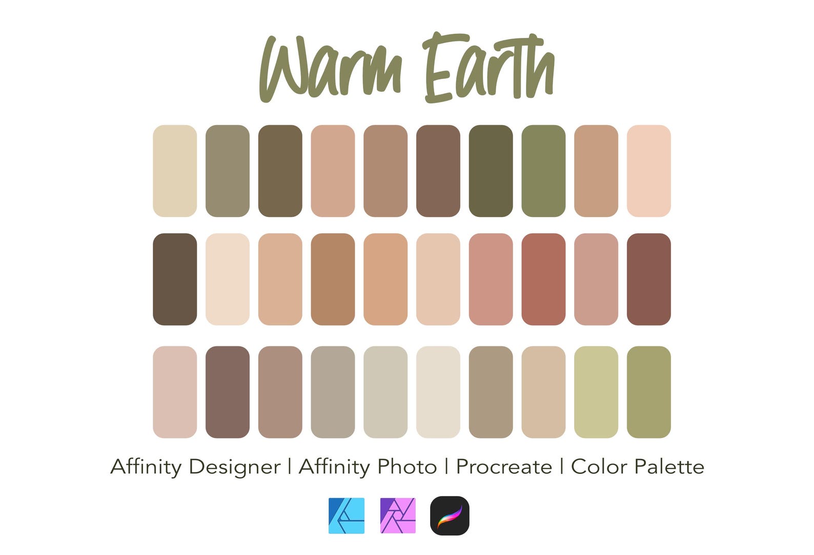 Warm Earth Color Palette: 30 Swatches for Procreate, Affinity (digital ...