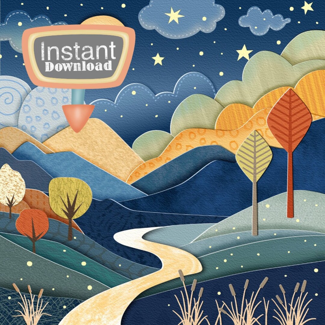 Night Sky Mountain Landscape Art Print: Abstract Paper Collage (digital ...