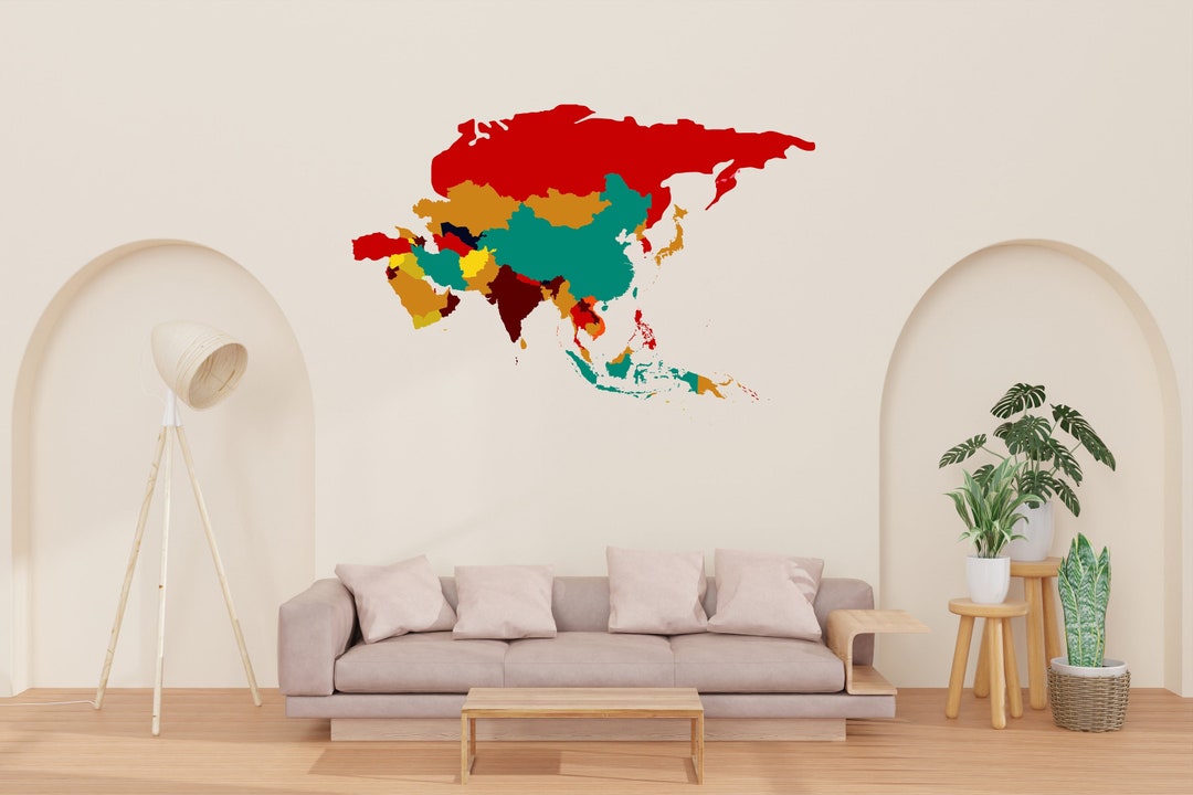 Asia Map Wall Art Vinyl Sticker, Asia Continent Wall Vinyl Decal, Asia ...