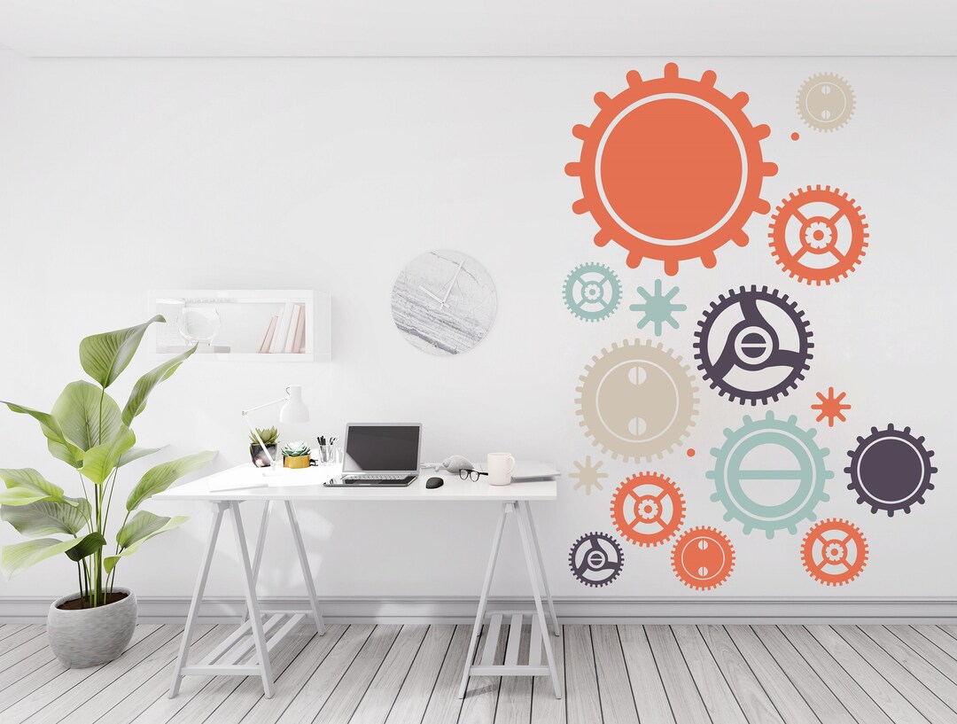 Gear Art Wall Decal, Technology Vinyl Wall Art Decals, Gamer Room Decal ...