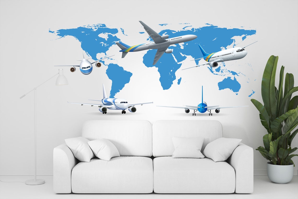 Travel Agency Decoration Airplanes Wall Decal World Map Wall - Etsy