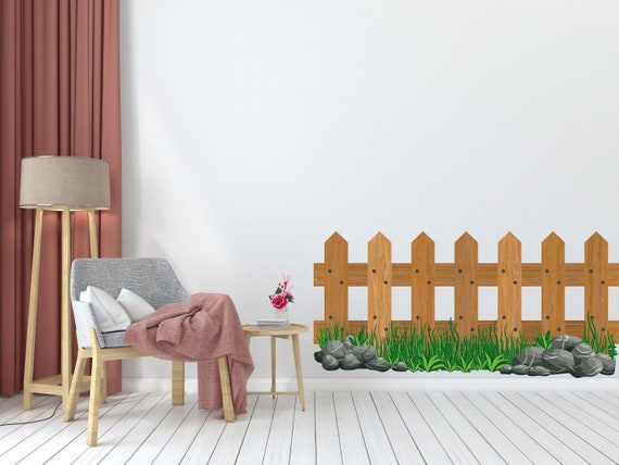 Wooden Fence Wall Art Decal Grass Garden Fence Stones | Etsy