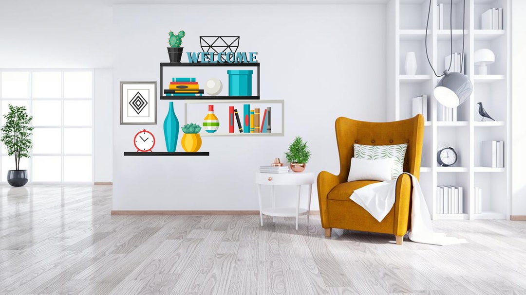 Books Shelf Vinyl Wall Art Decal, Shelves Wall Decal, Living Room Decor ...