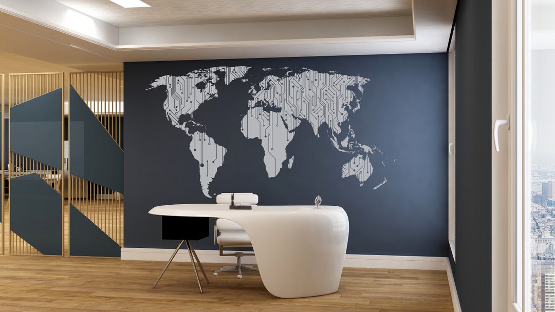 Circuit Board World Map Office Wall Art Decal, Technology Vinyl Wall ...