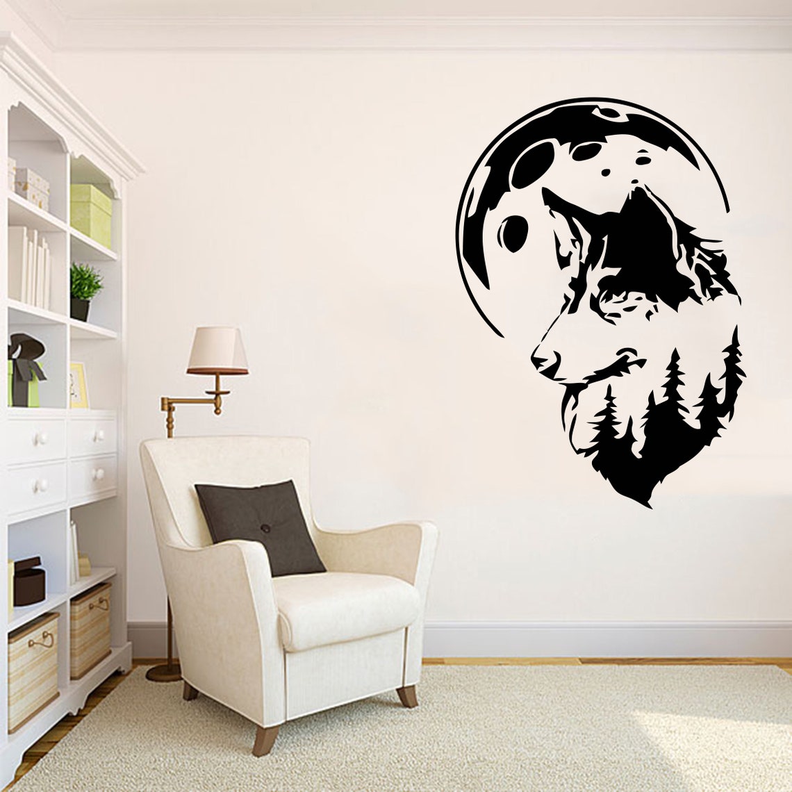 Wolf And Moon wall decal Wolves Wall Art Decor Wolf Face | Etsy