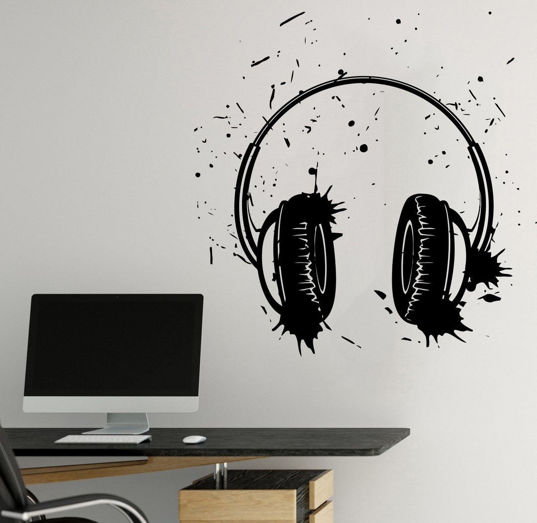 Headphones Wall Decal Sticker Mural Dj Music Ear Phones Headphones Teen ...