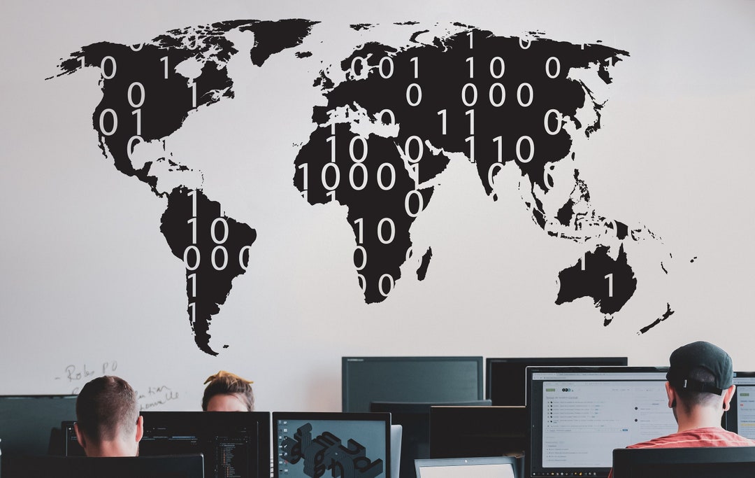 Binary Code World Map Wall Art Decal, Map Technology Vinyl Wall Art ...
