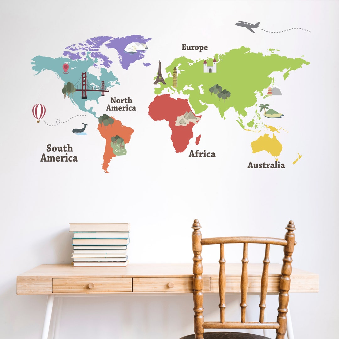 World Map Wall Decor - Travel Agency Decoration, World Map Wall Decal ...