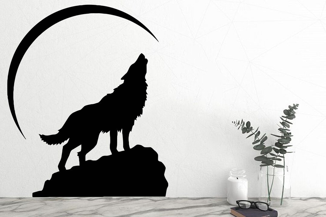 Wolf Crescent Moon Wall Art Sticker Howling Wolf Vinyl Decal Sticker ...
