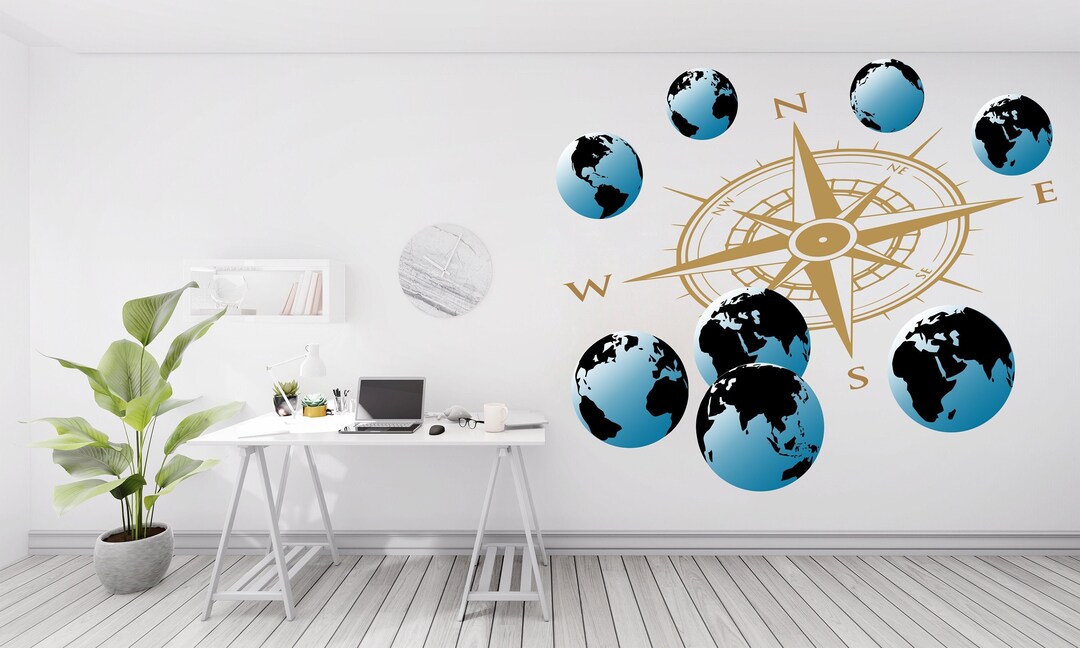 World Map Globe Compass Wall Decal, Compass Globe Planet Wall Decal ...