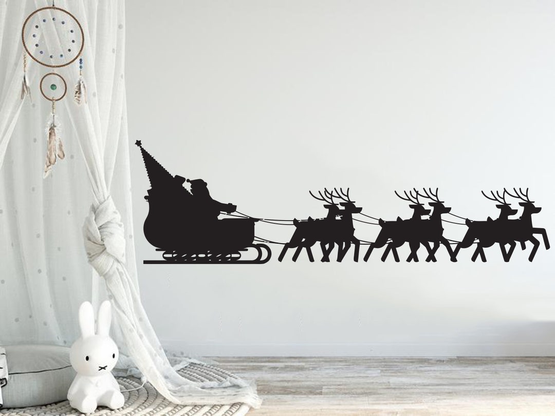 Santa's Sleigh With Reindeer Silhouette Christmas Vinyl Wall Decal ...