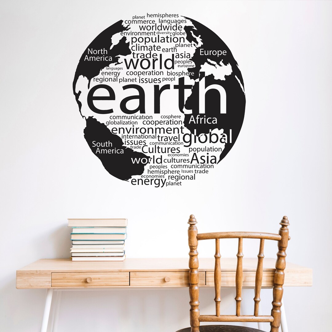 Earth World Map Word Cloud Wall Art Decal, Globe Planet Wall Decal ...
