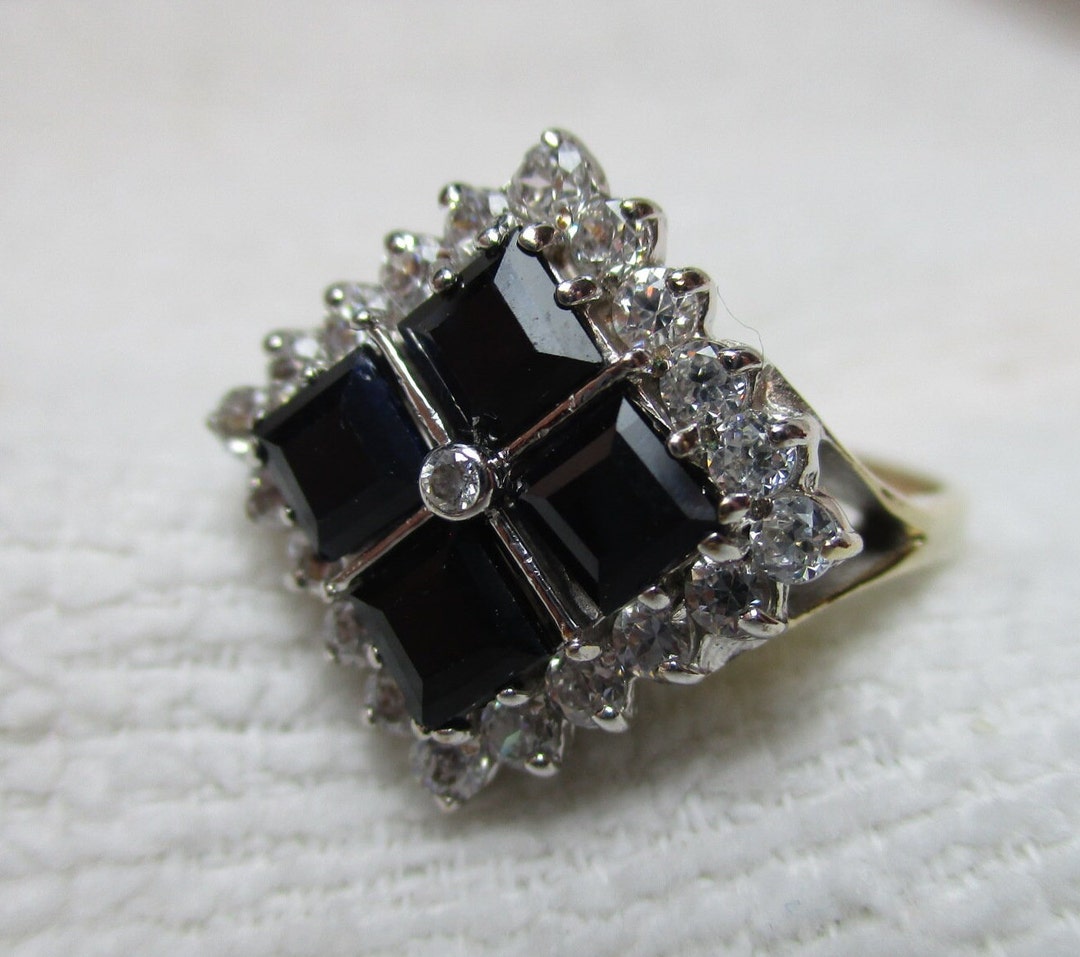 Vintage 9ct Solid Gold 'lozenge Shaped' Dark Sapphire + Cubic Zirconia ...