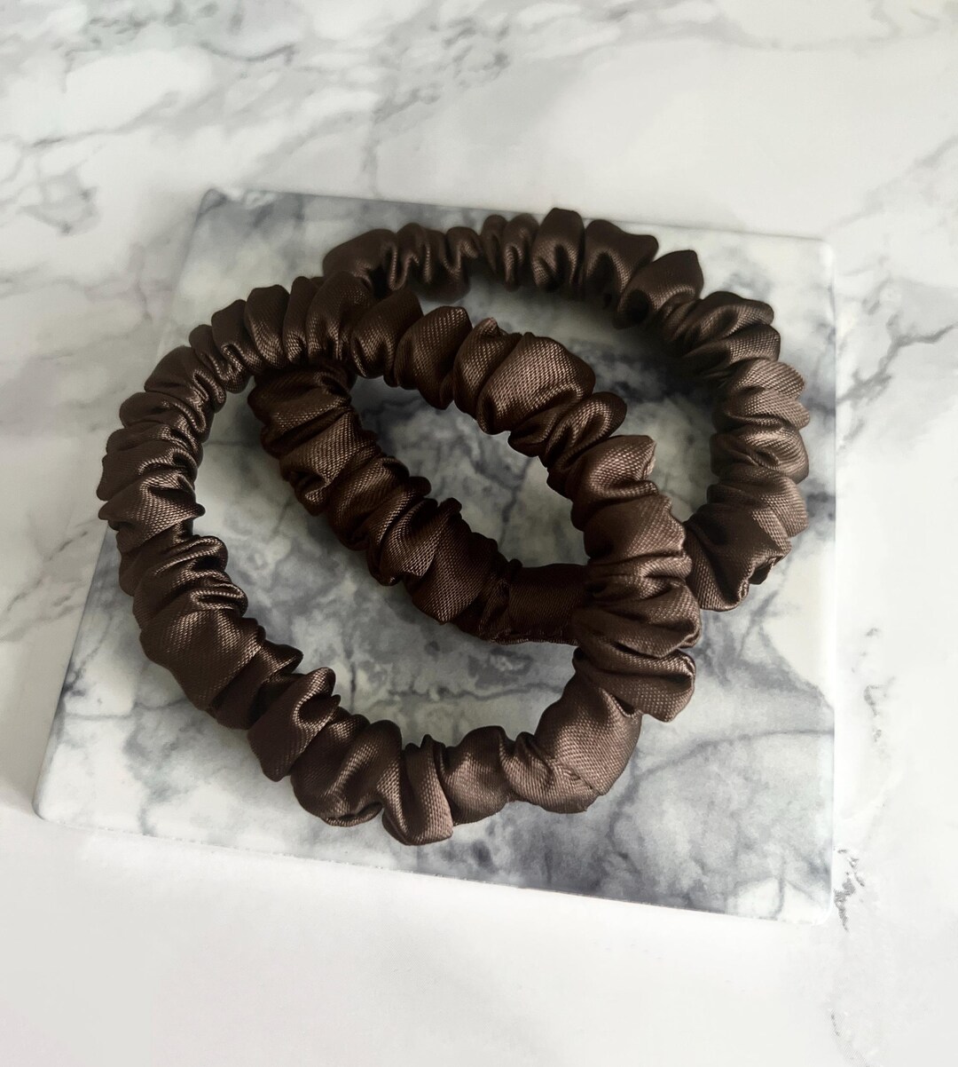 Espresso Brown Satin Skinny Scrunchie | Elastic Hair Tie | Light ...