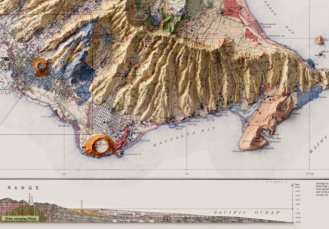 Island of Oahu - 1945 USGS Geologic Map - Topographic Shaded Relief Map ...