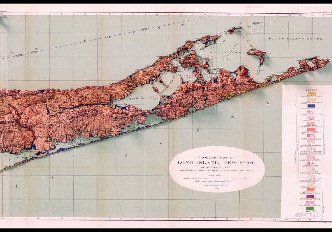 1913 Geologic Map of Long Island, New York - 3D Rendered 2D Print - Etsy
