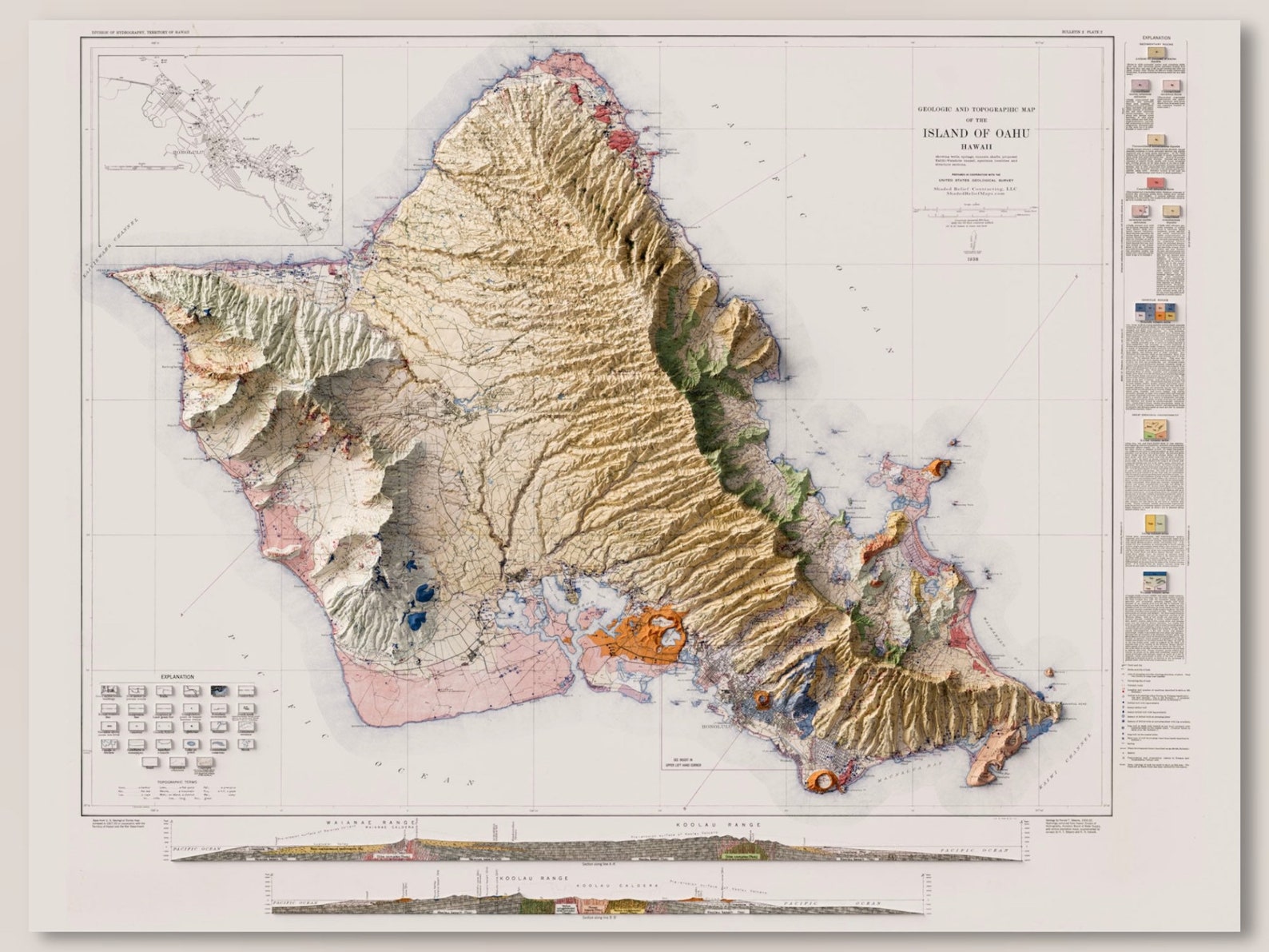 Island of Oahu - 1945 USGS Geologic Map - Topographic Shaded Relief Map ...