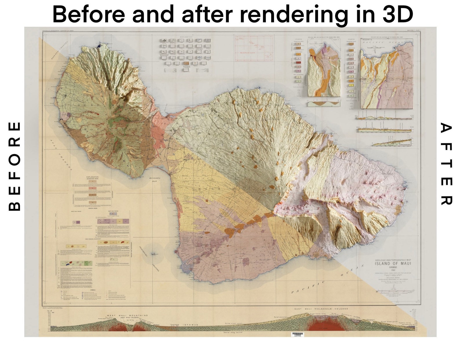 Island of Oahu - 1945 USGS Geologic Map - Topographic Shaded Relief Map ...