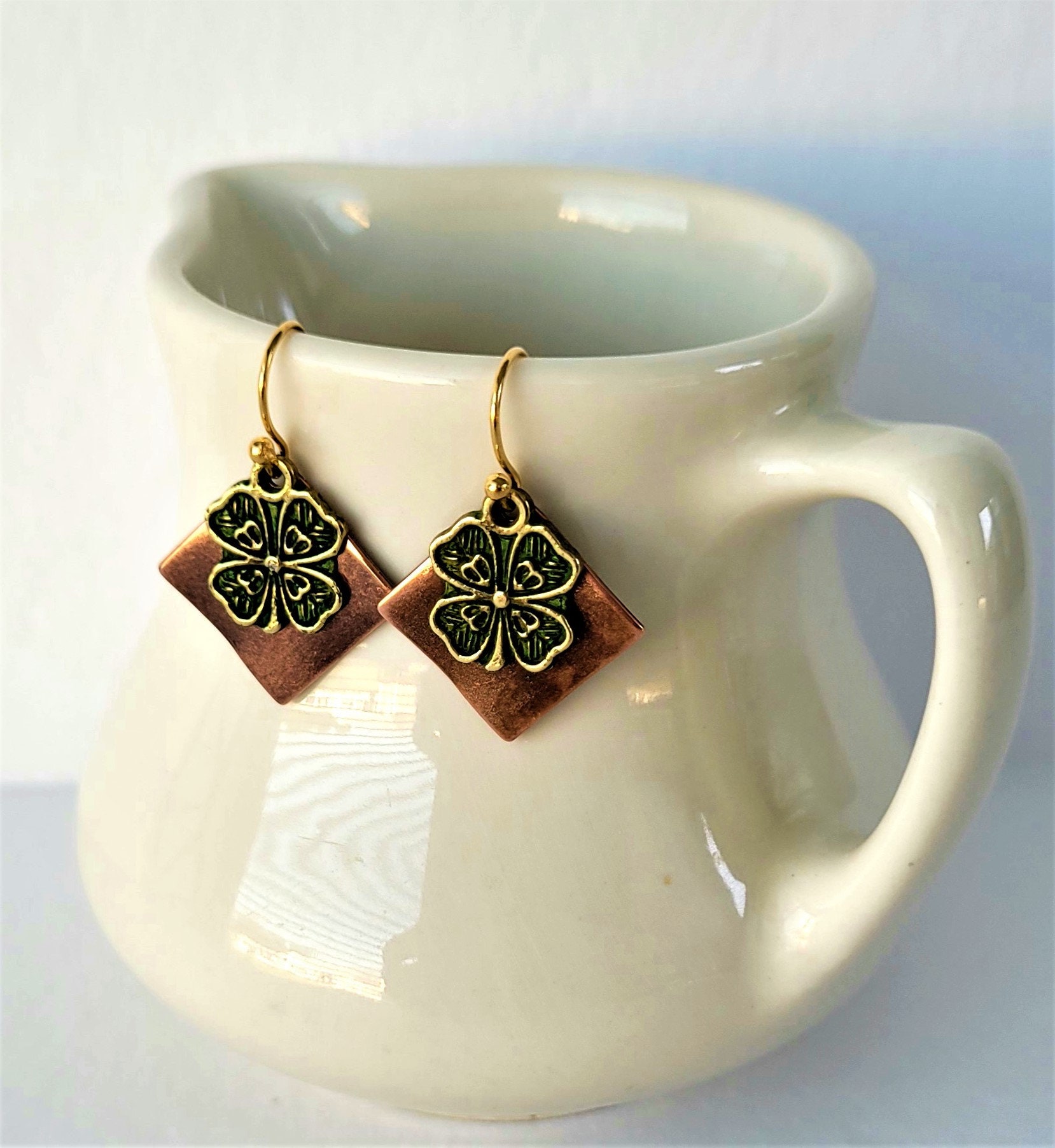 Gold Embossed Green Four Leaf Clover on Copper Diamond Disc - Etsy