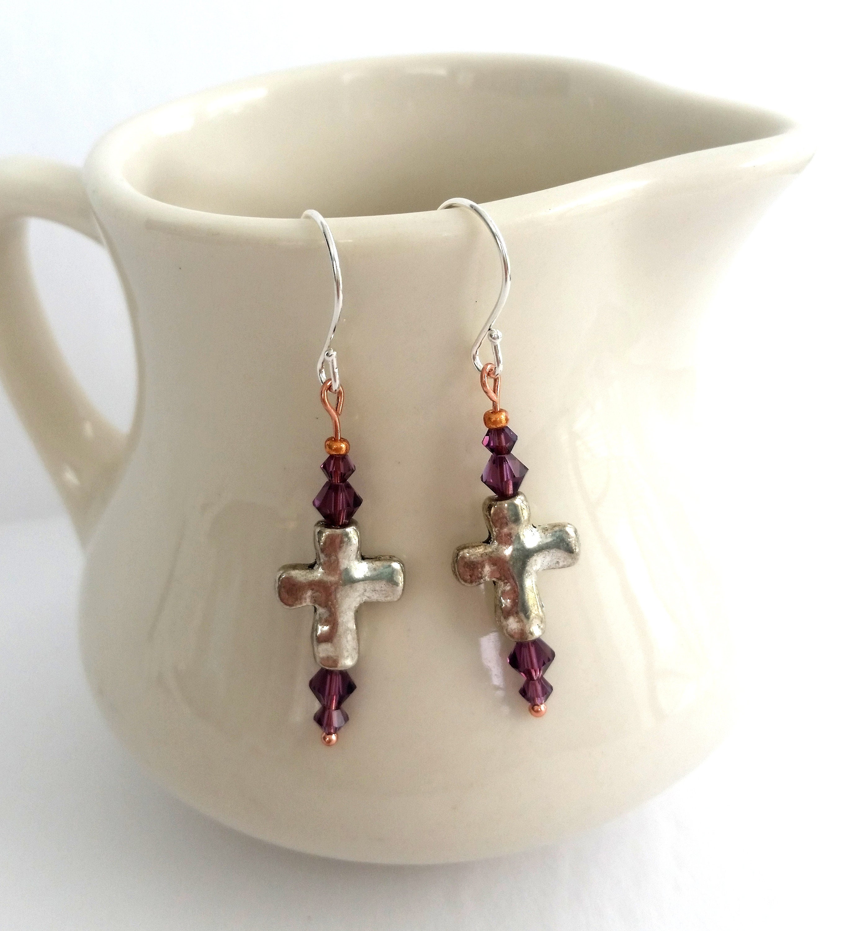 Silver Cross Drop Earrings With Amethyst Swarovski Crystals And Copper ...
