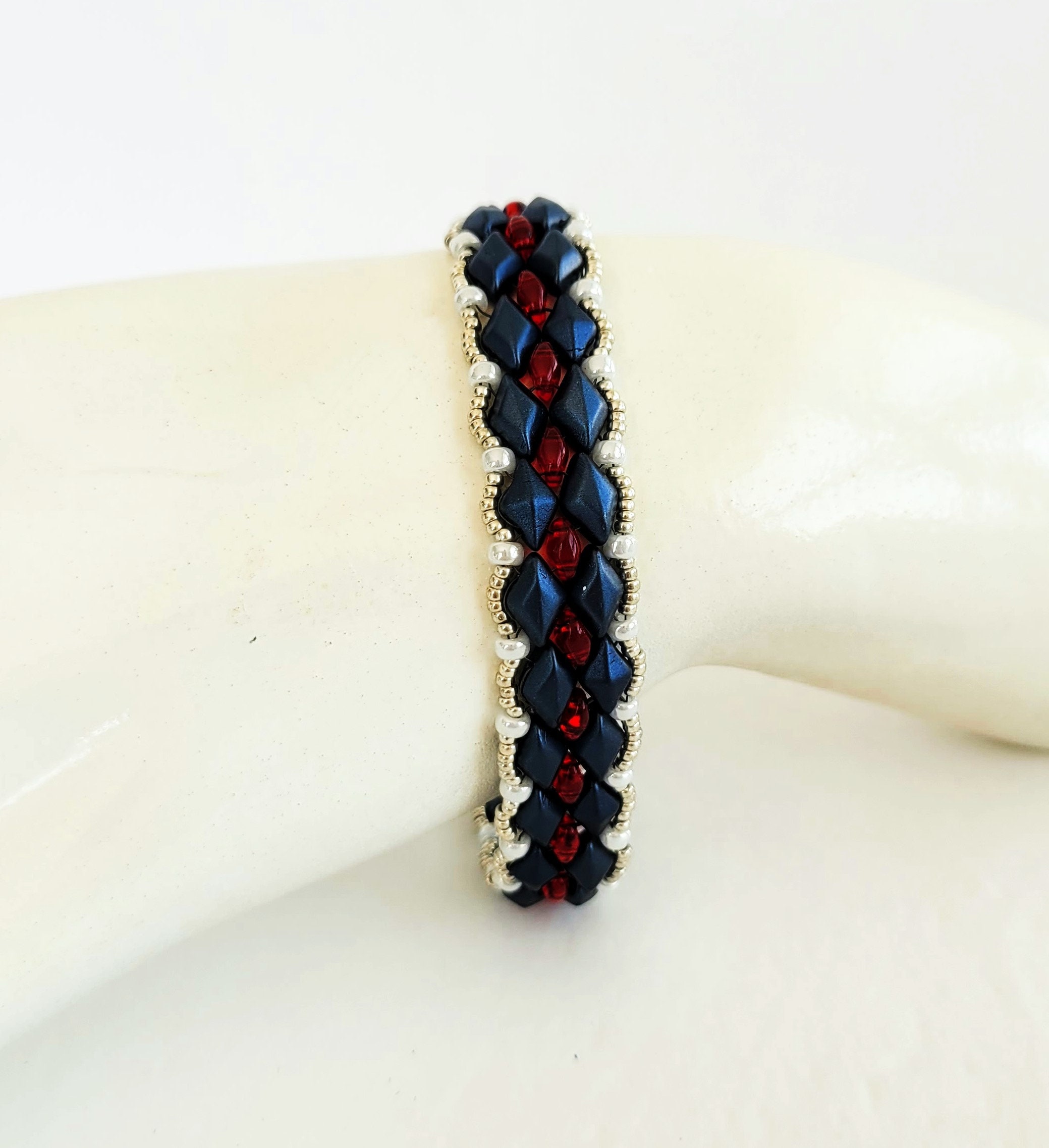 Montana Blue and Ruby Red Hand Beaded Bracelet With Tiny Pearl Beads ...